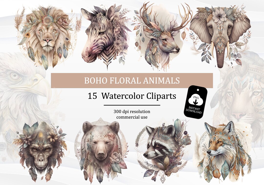 Boho Floral Animals Watercolor Clipart PNG Digital Download - Etsy