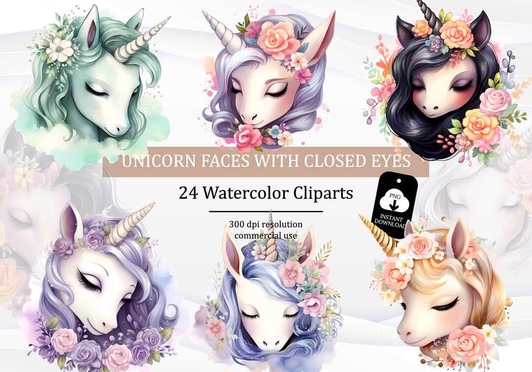 Unicorn Faces Watercolor Clipart PNG, Floral Unicorn Heads Sublimation ...