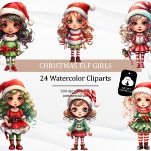 Christmas Elf Girls Watercolor Clipart, Christmas Elves Sublimation ...
