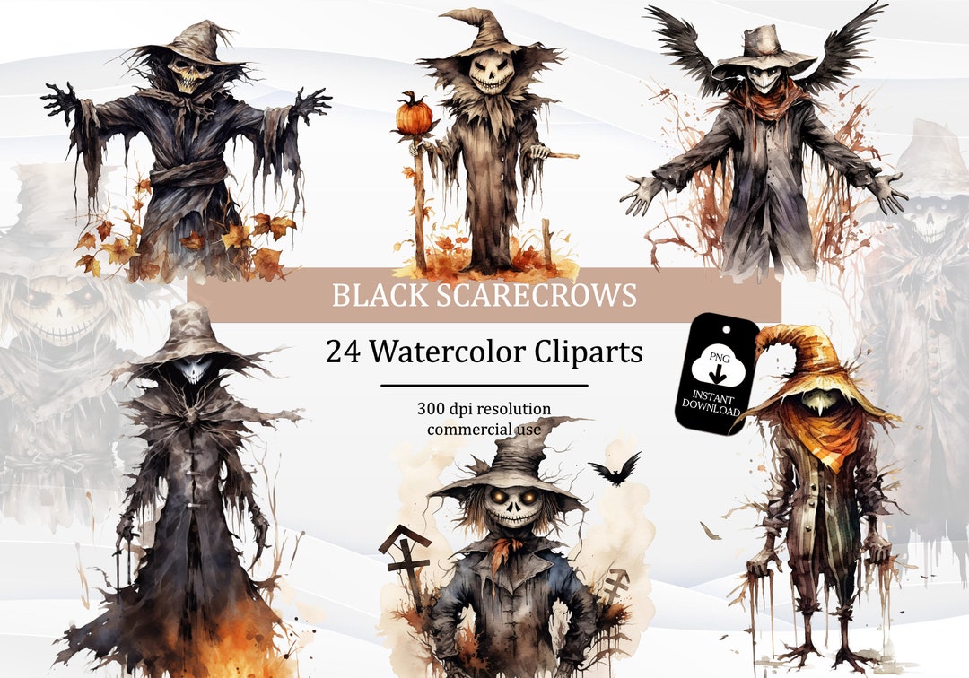 Black Scarecrows Watercolor Clipart, Spooky Scarecrow Sublimation ...