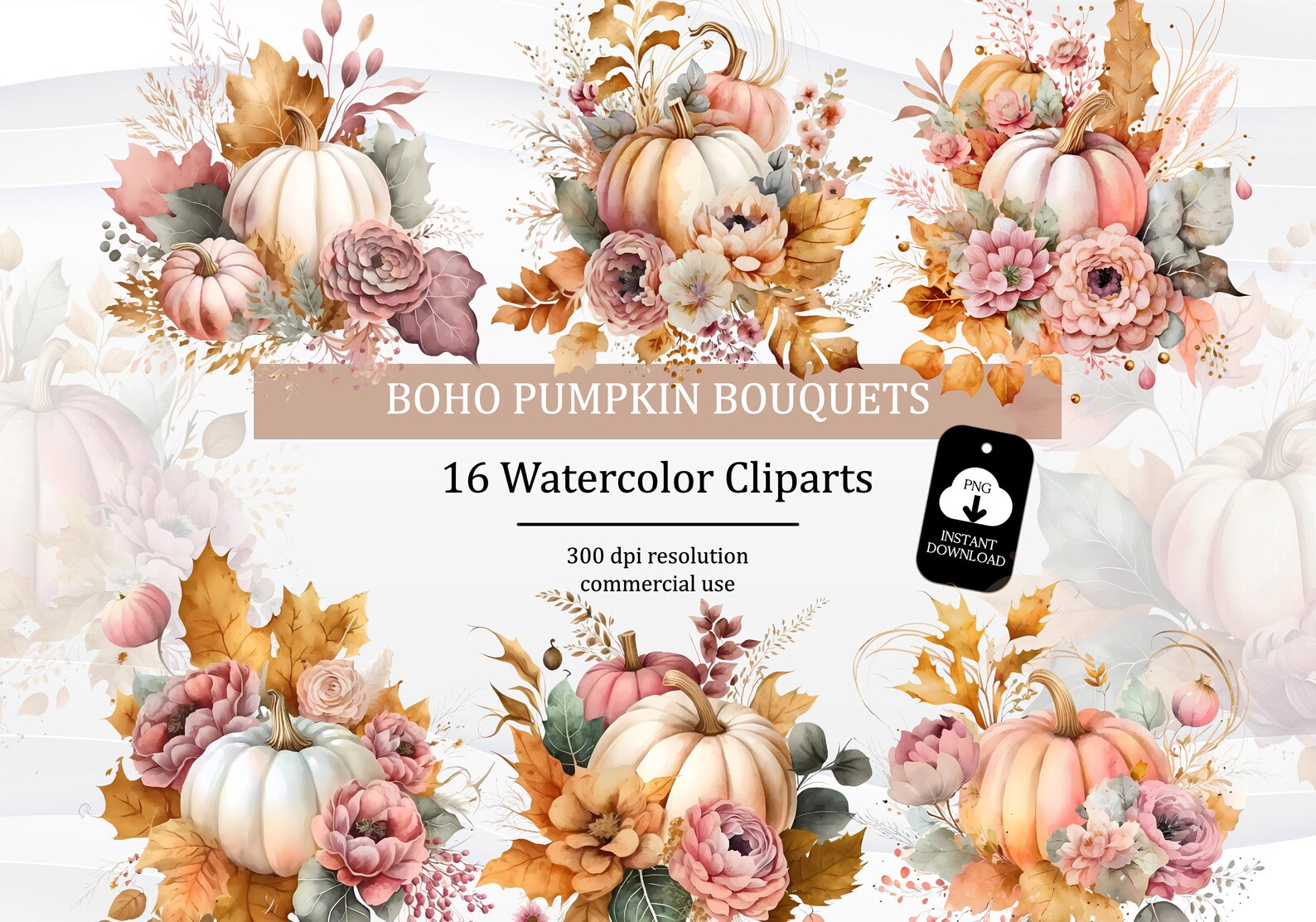 Boho Pumpkin Bouquets Watercolor Clipart, Fall Clipart Digital Download ...