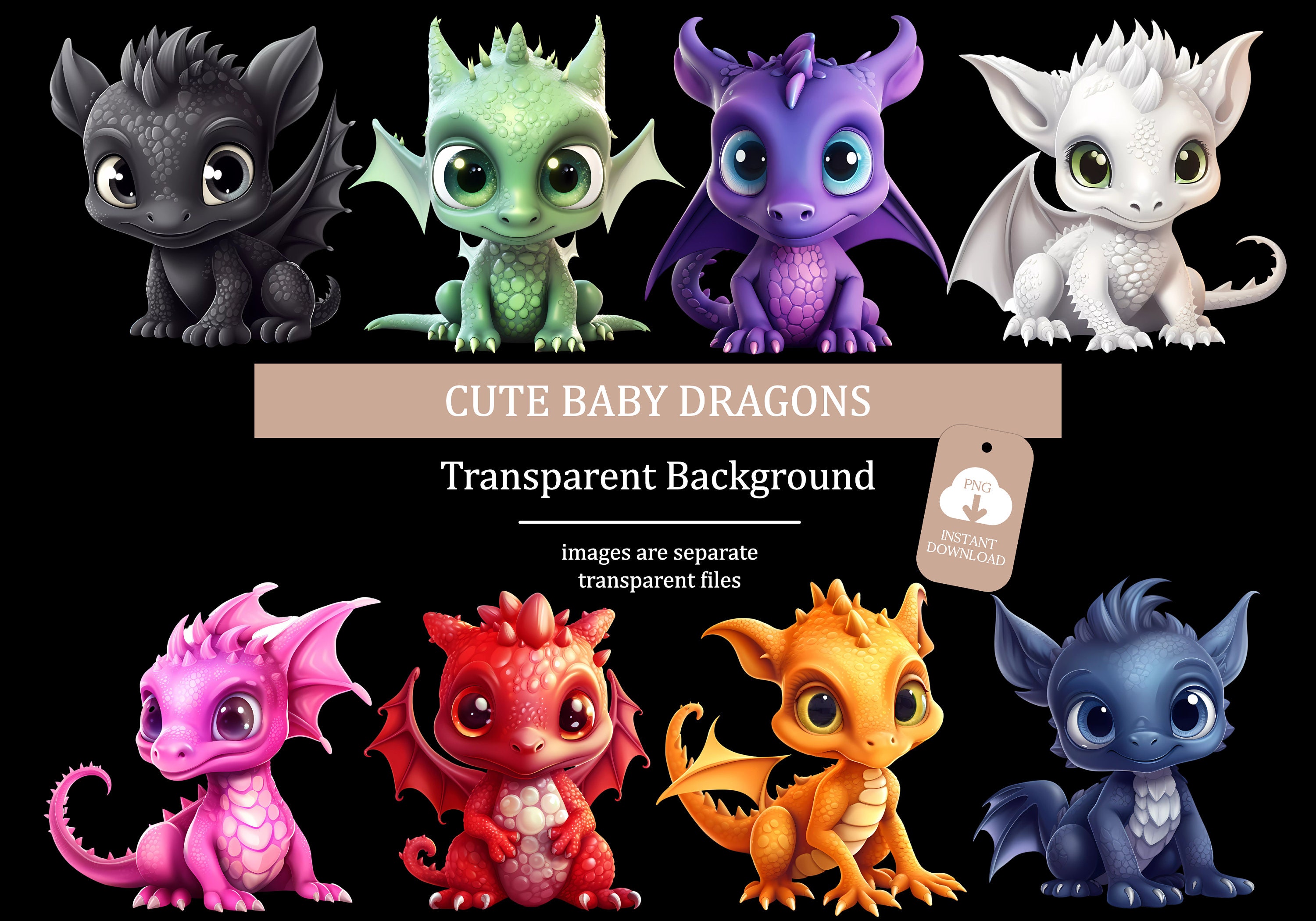 Cute Baby Dragons Clipart PNG Digital Download, Fantasy Dragons ...