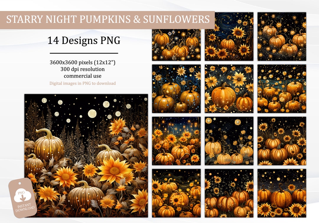 Fall Digital Paper Starry Night Pumpkins and Sunflowers - Etsy