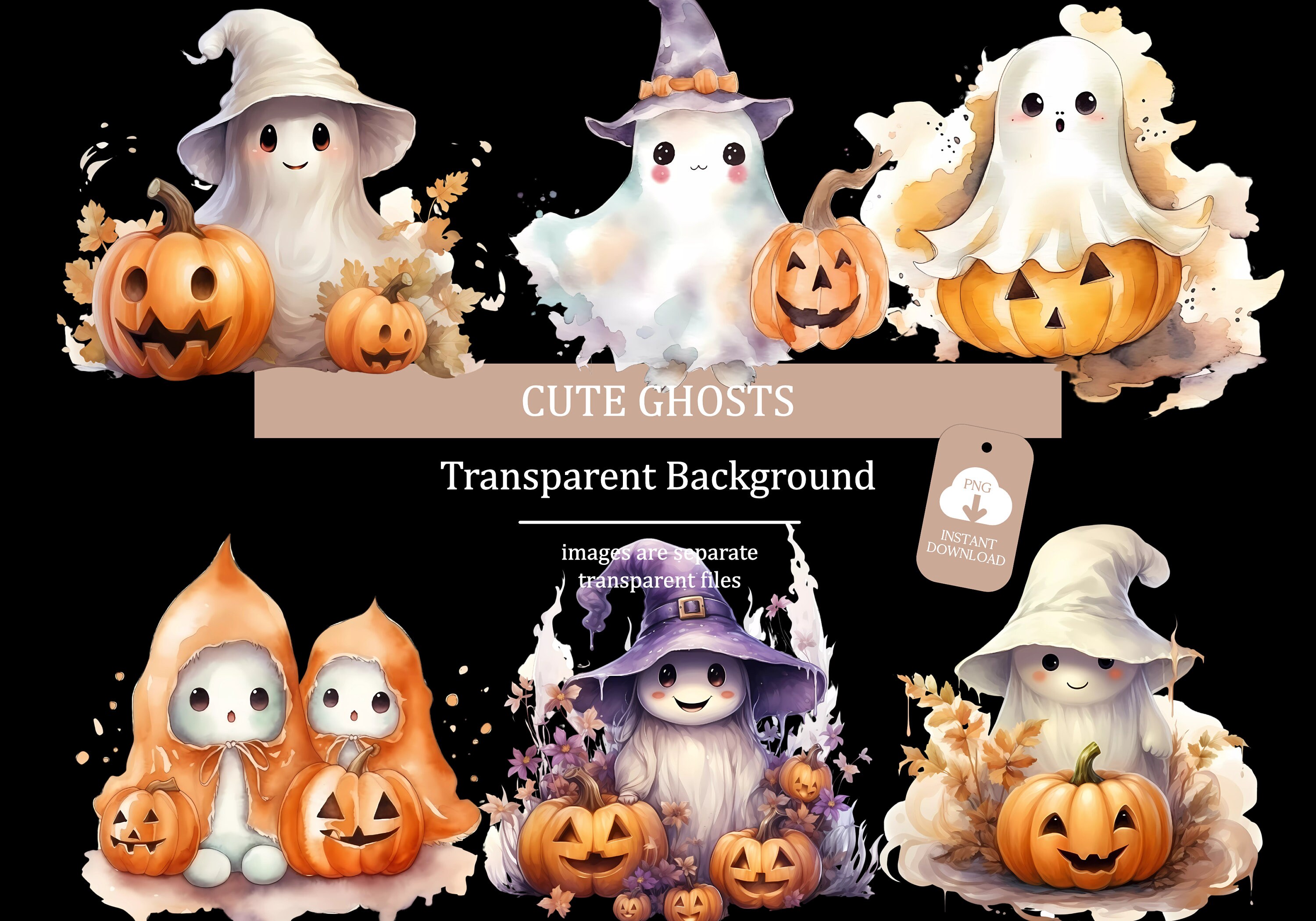 Cute Ghosts Watercolor Clipart PNG, Spooky Halloween Ghosts Sublimation ...
