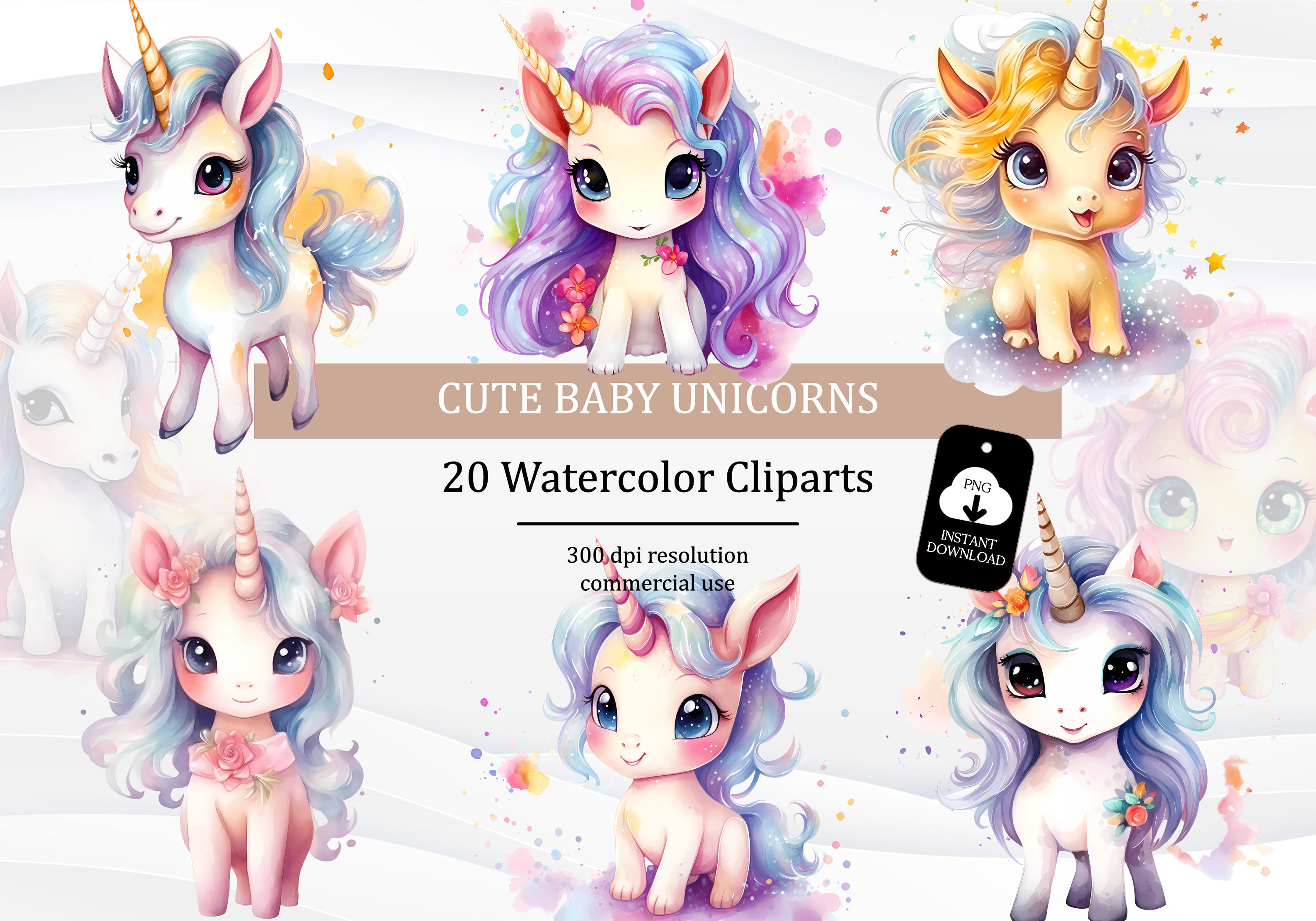 Baby Unicorn Watercolor Clipart, Cute Rainbow Unicorns Sublimation ...