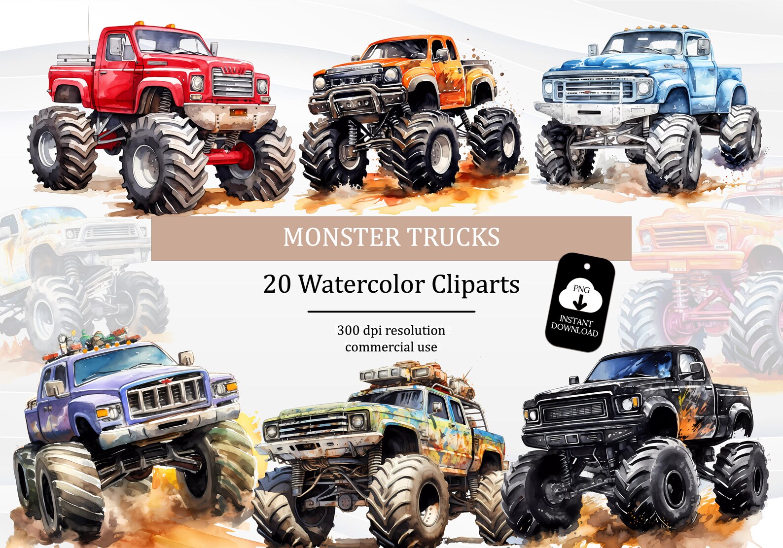 Monster Truck Watercolor Clipart, Monster Trucks Sublimation Designs ...