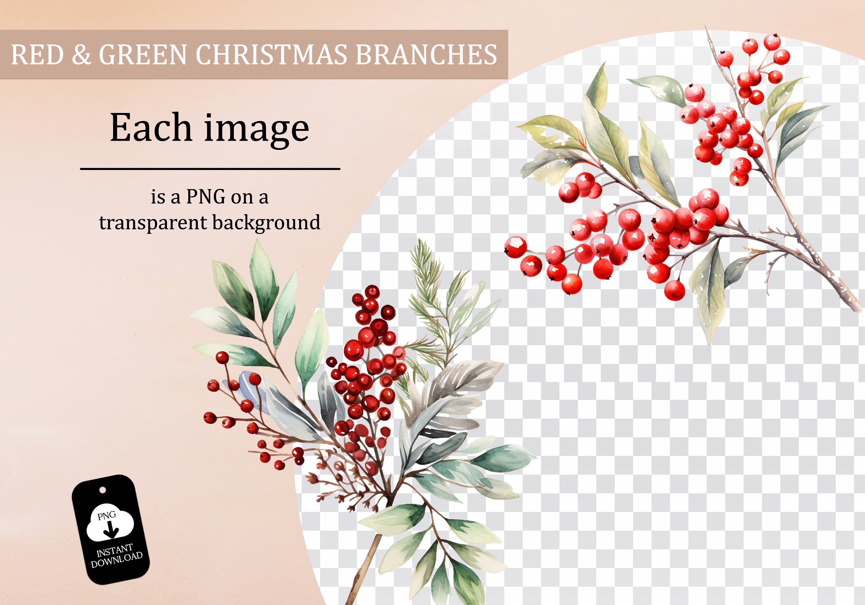 Watercolor Christmas Branches Clipart, Greenery Holly Sublimation ...