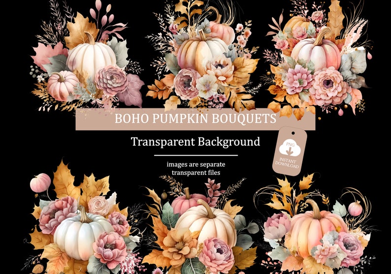 Boho Pumpkin Bouquets Watercolor Clipart, Fall Clipart Digital Download ...