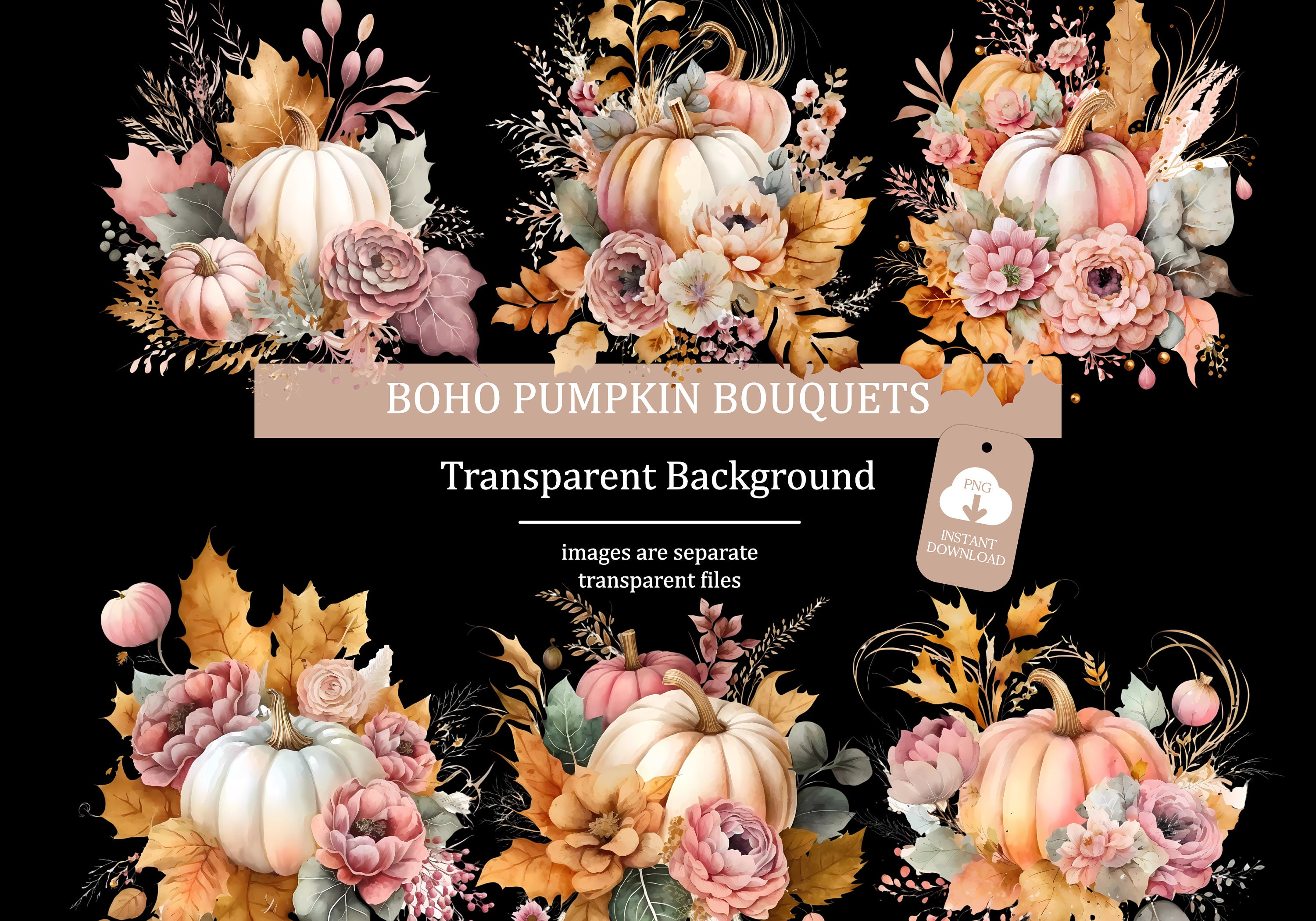Boho Pumpkin Bouquets Watercolor Clipart, Fall Clipart Digital Download ...
