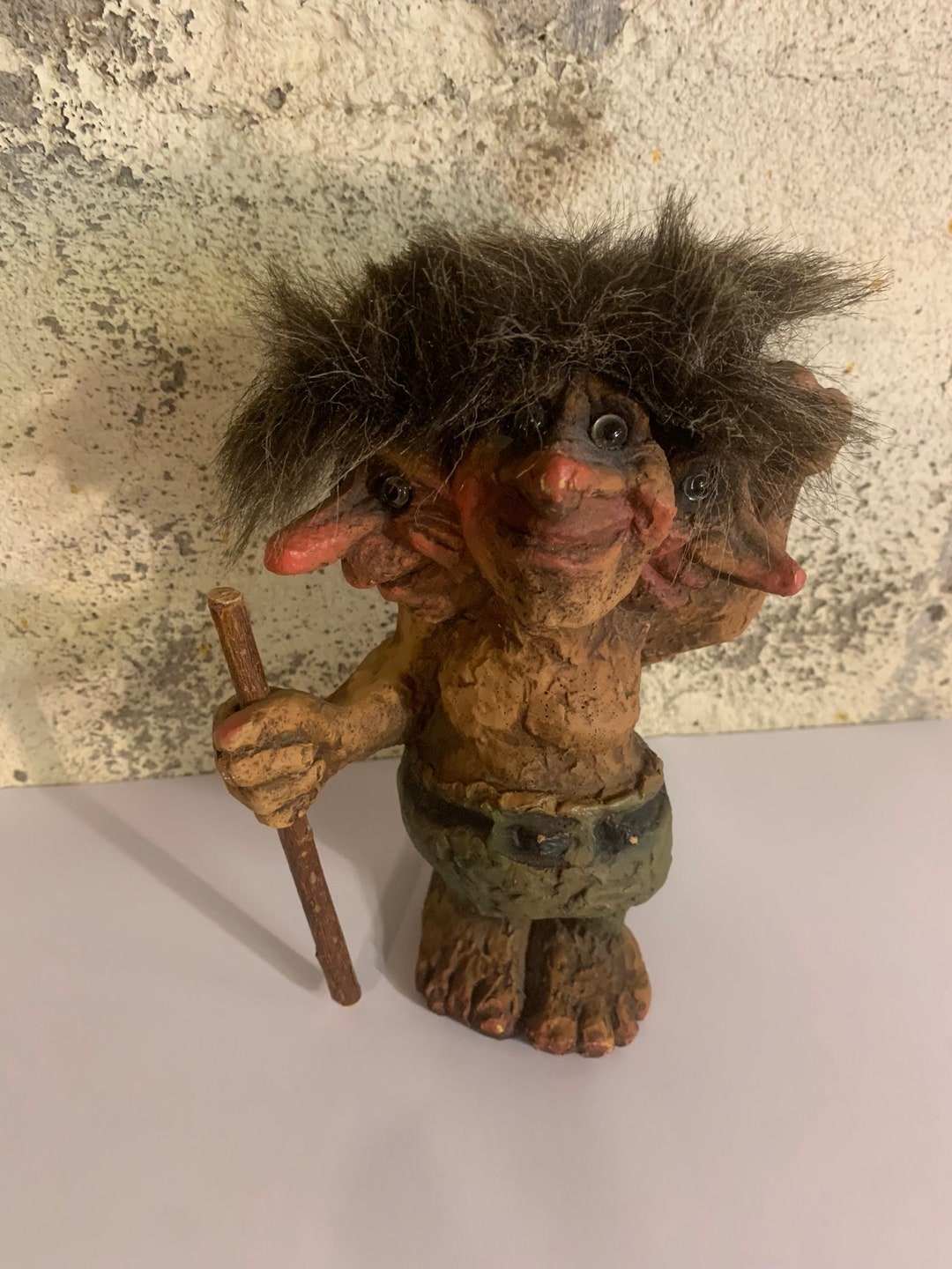 Norway Nyform Hand Carved Wooden Gnome Troll #150 Three 3 Headed Troll With Walking Stick ...