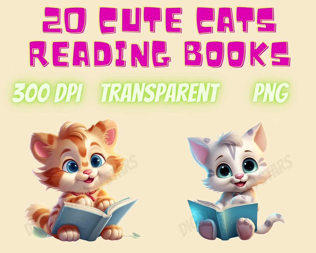 20 Kitten Reading Book Clipart Bundle Cute Cartoon Cats - Etsy UK