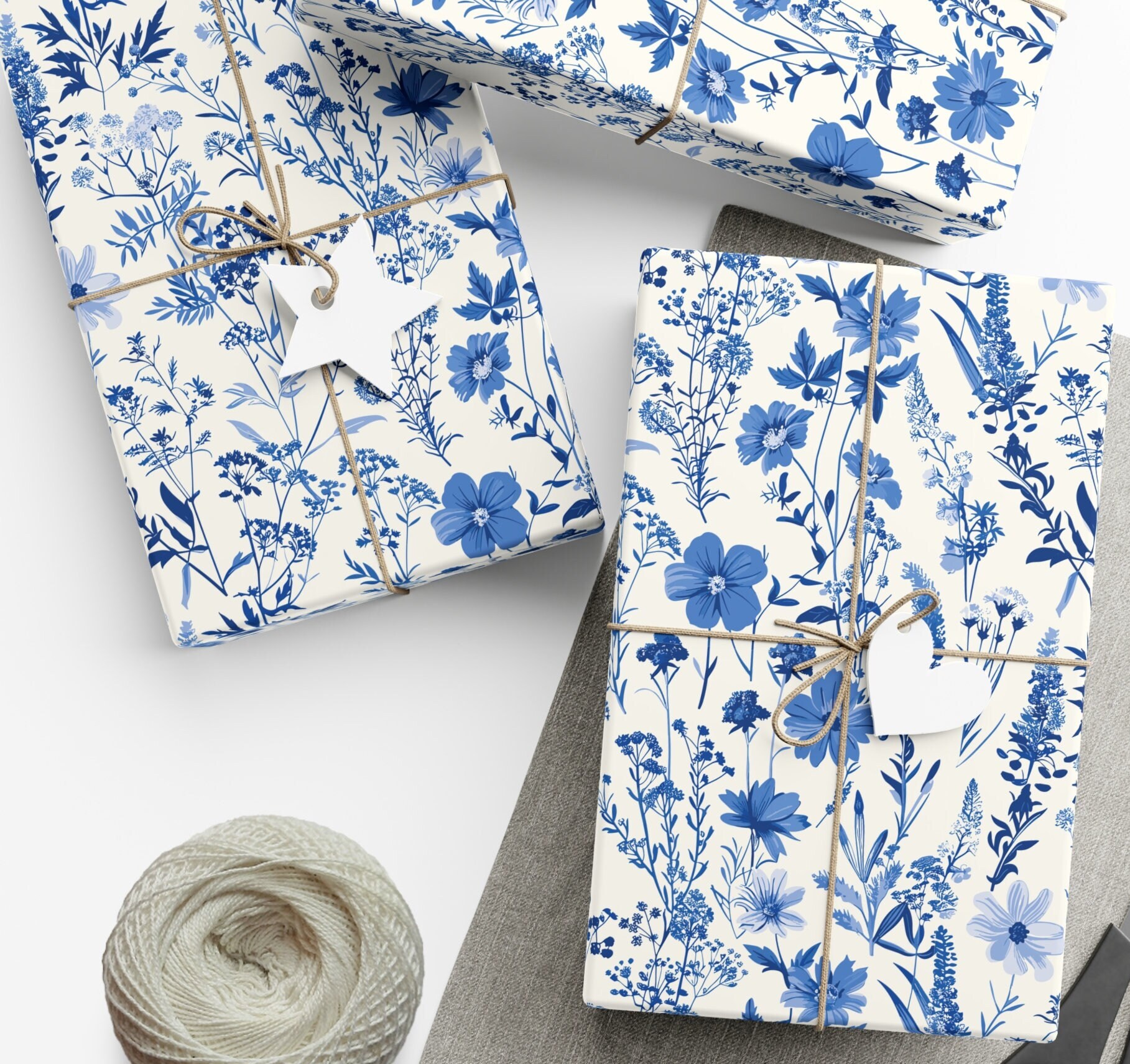 Elegant Blue French Toile Paper, Floral Wrapping Paper Roll, Bouquet ...