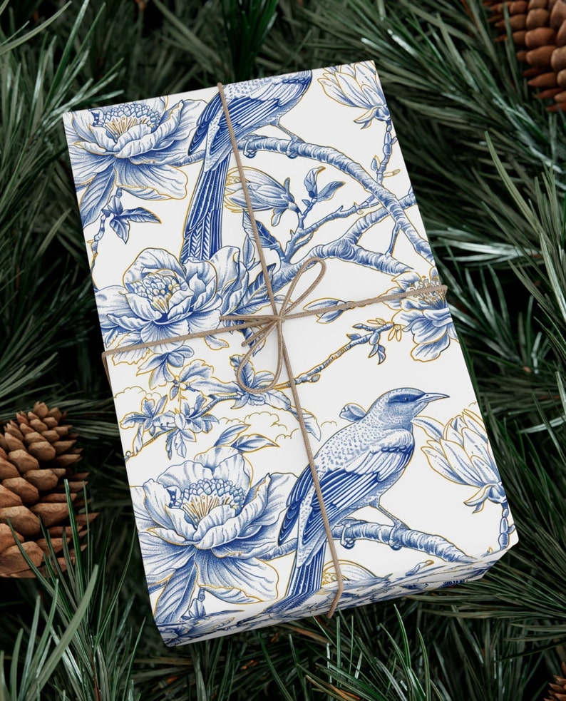 Elegant Blue French Toile Paper, Floral Wrapping Paper Roll, Bouquet ...