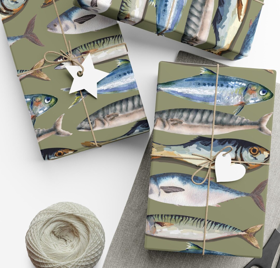 Mediterranean Retro Sardine Holiday Gift Wrap: Coastal-themed Eco ...
