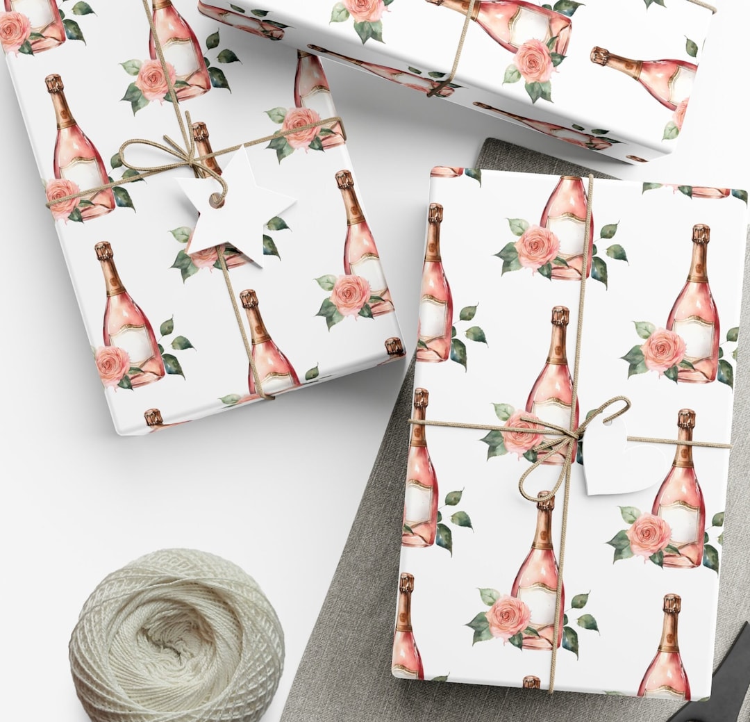 Rosé Champagne Gift Wrap, Summer Champagne Wrapping Paper, Watercolor ...