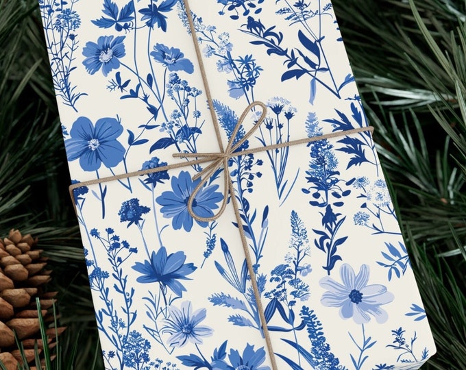 Elegant Blue French Toile Paper, Floral Wrapping Paper Roll, Bouquet ...