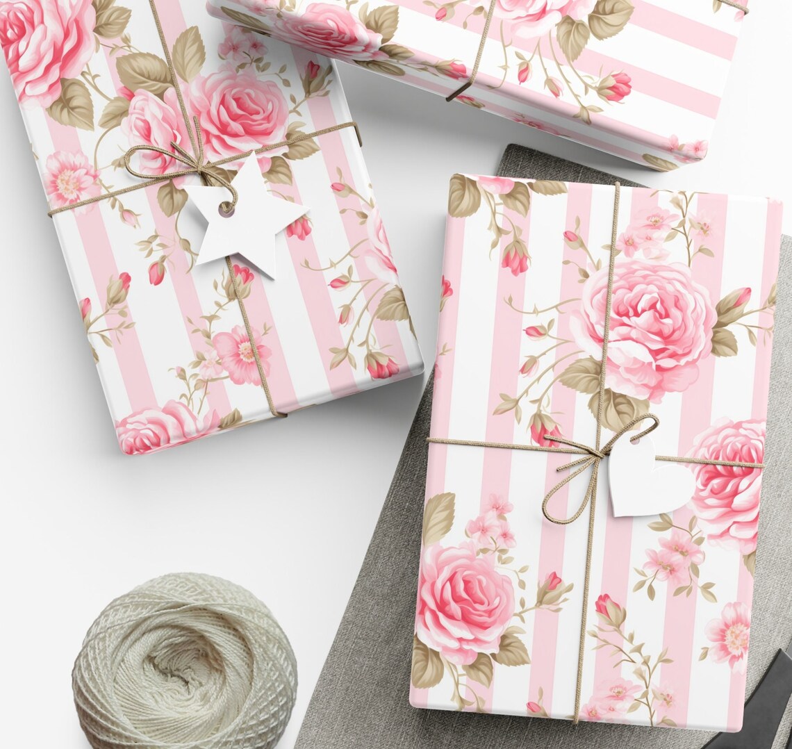 Pink Rose Wrap, Classic Style Wrapping, Pastel Holiday Packaging ...