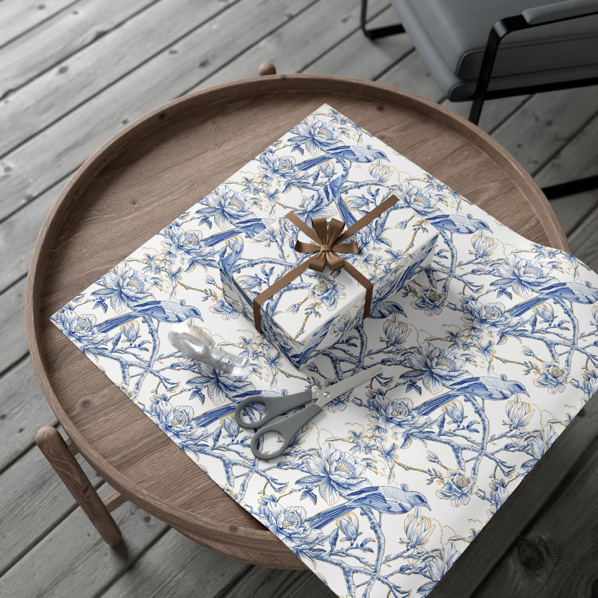 Elegant Blue French Toile Paper, Floral Wrapping Paper Roll, Bouquet ...