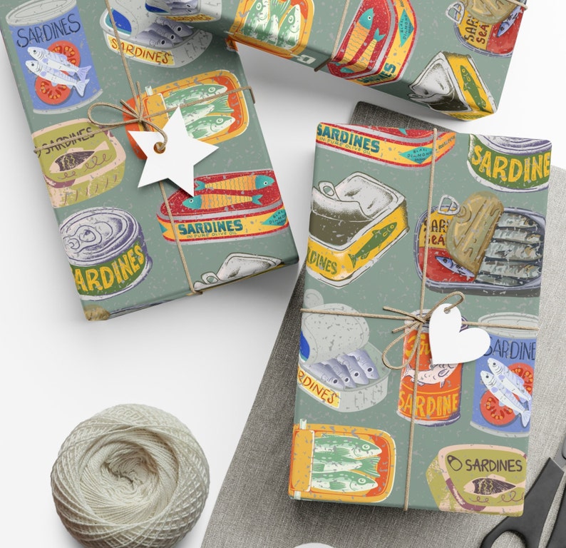 Mediterranean Retro Sardine Holiday Gift Wrap: Coastal-themed Eco ...