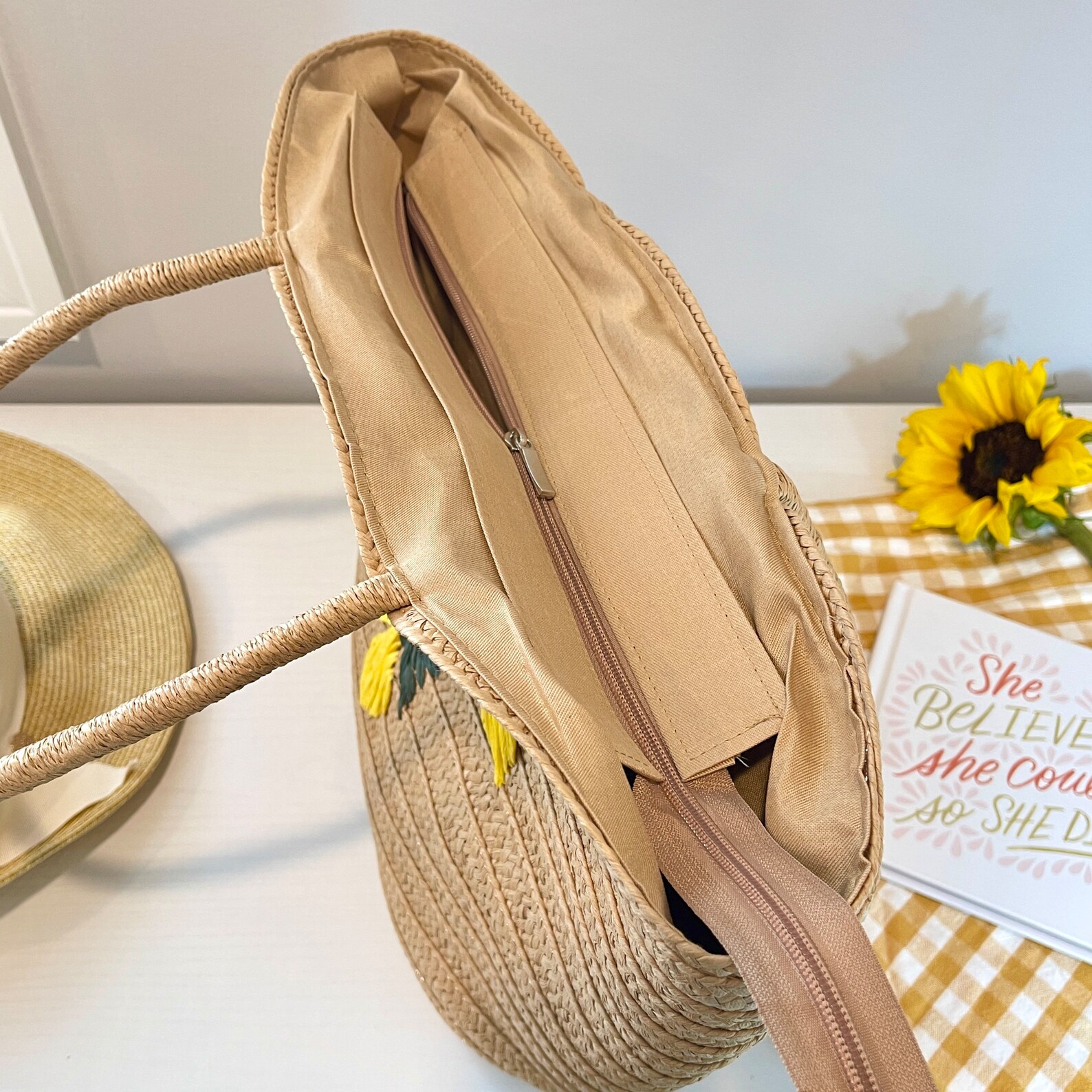 Summer Shopping Bag With Zipper Closure Beach Straw Bag Purse Shoulder ...