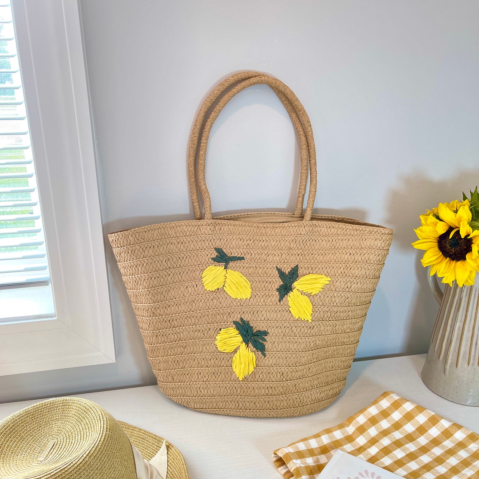 Summer Shopping Bag With Zipper Closure Beach Straw Bag Purse Shoulder ...