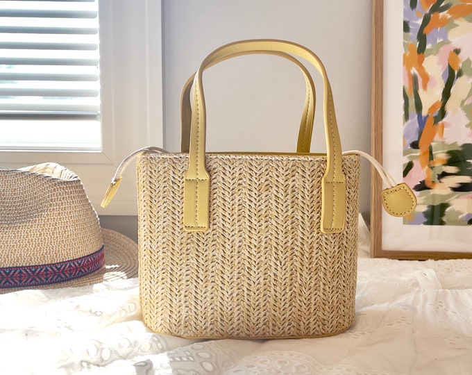 Bucket Straw Bag Vegan Leather Top Handle Cross Body Strap Hand Woven ...