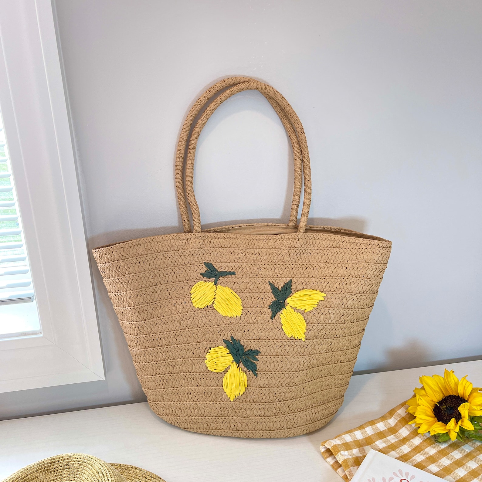 Summer Shopping Bag With Zipper Closure Beach Straw Bag Purse Shoulder ...