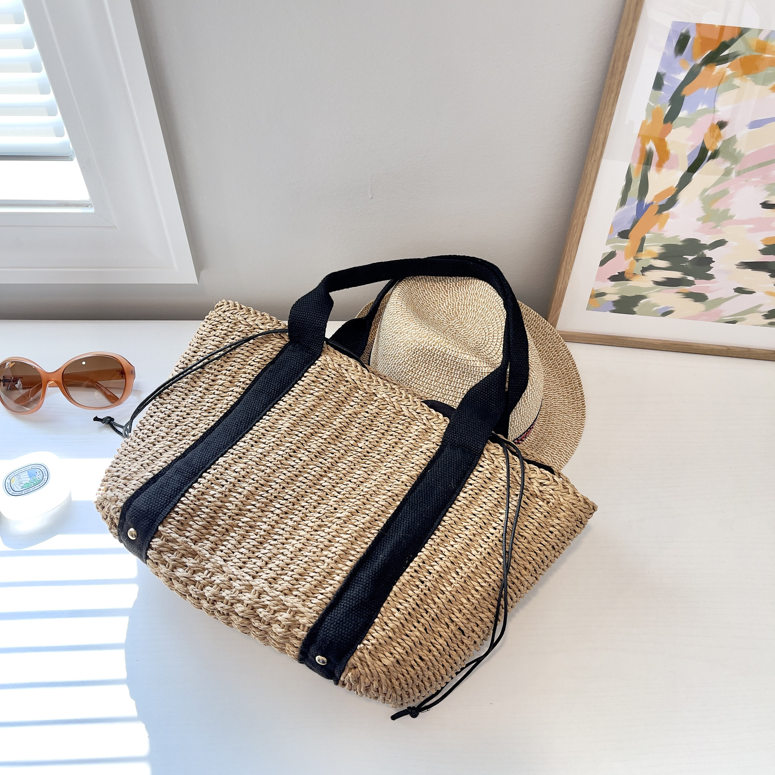 Woven Drawstring Bag for Holiday Vacation Hand Woven Straw Purse ...
