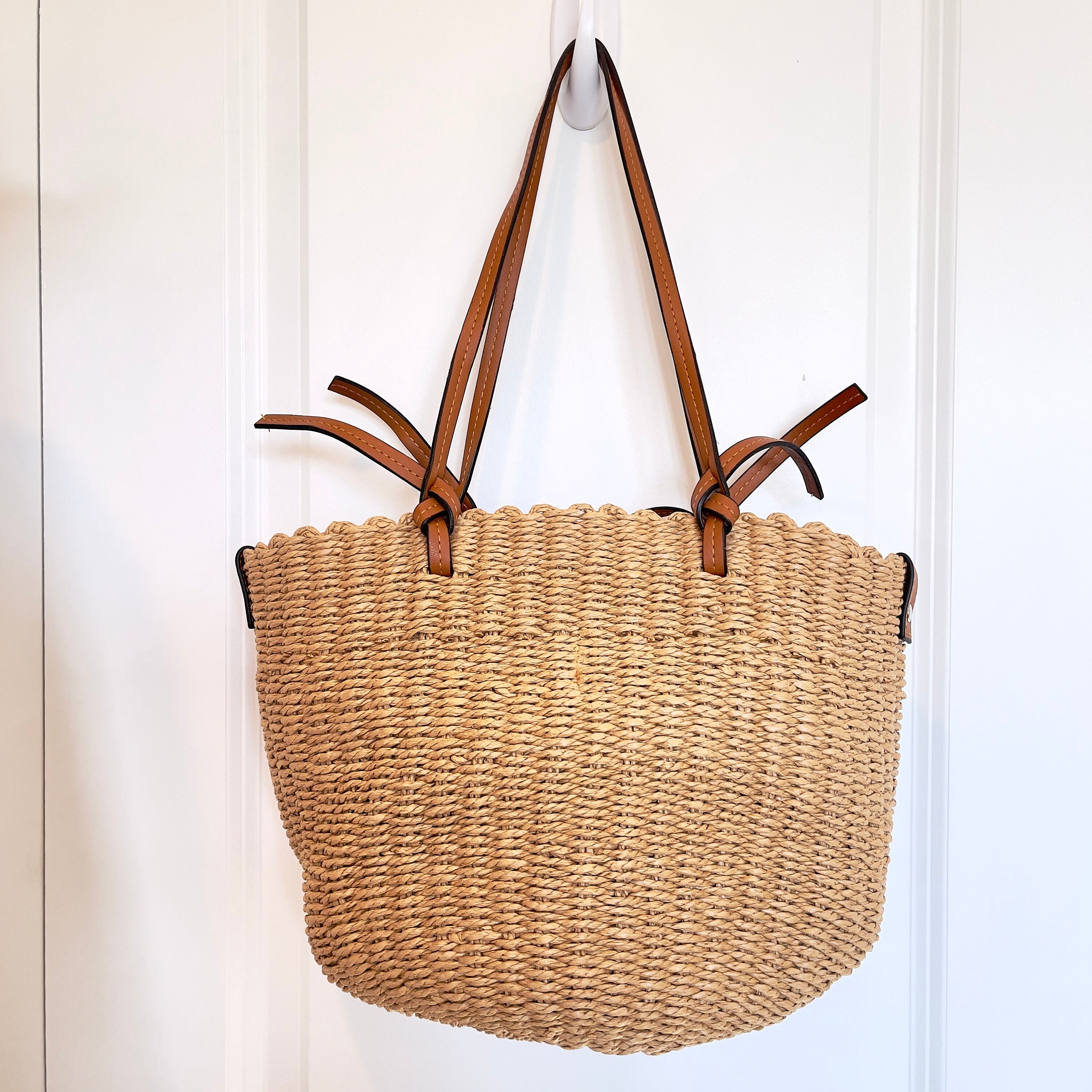 Cotton Straw Shoulder Bag Hand Woven Tote Bag Saddle Leather Strap ...
