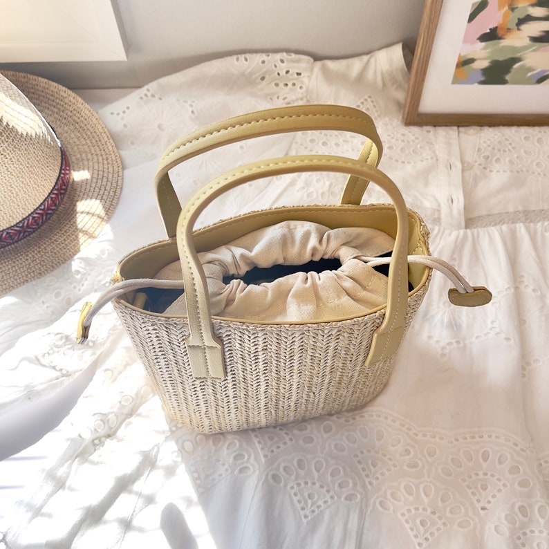 Bucket Straw Bag Vegan Leather Top Handle Cross Body Strap Hand Woven ...