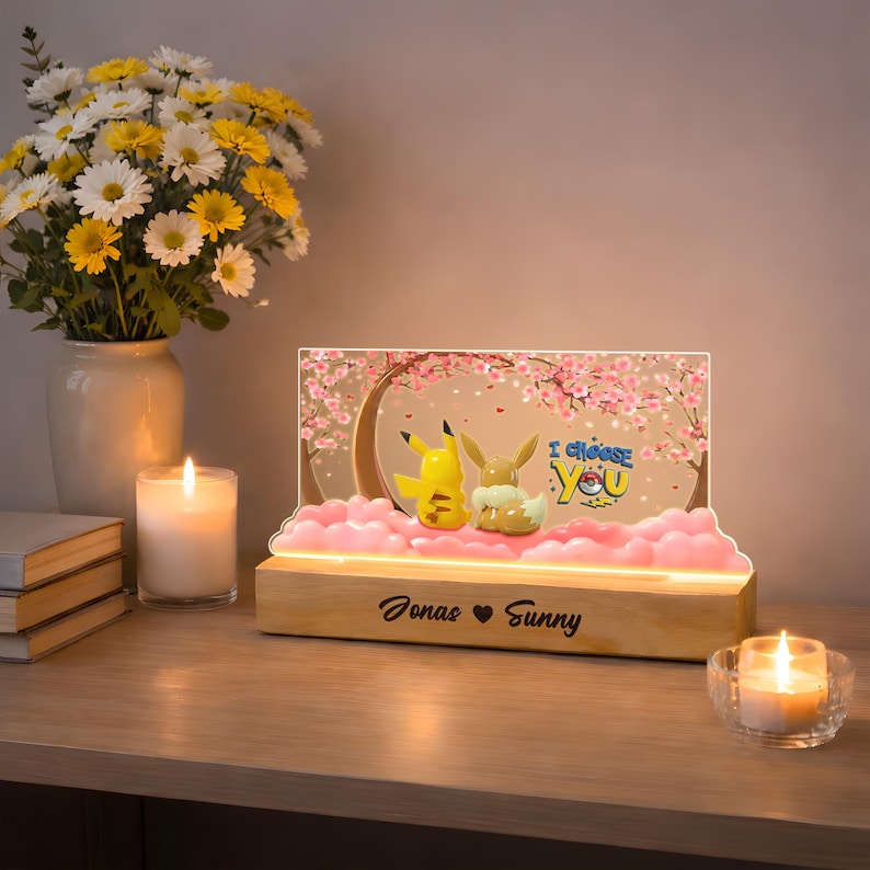 Personalized Pokémon Couple Night Light, Custom Pikachu Eevee Cherry ...