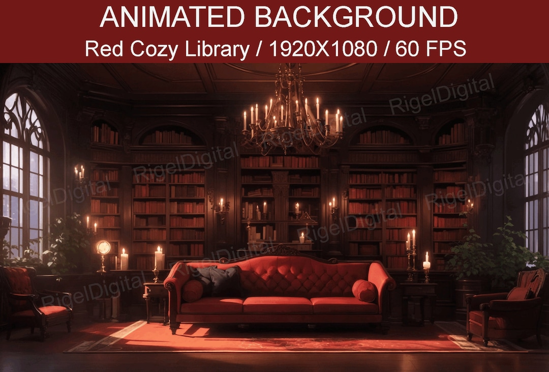 Vtuber Background Animated Red Cozy Library Looped Vtuber - Etsy