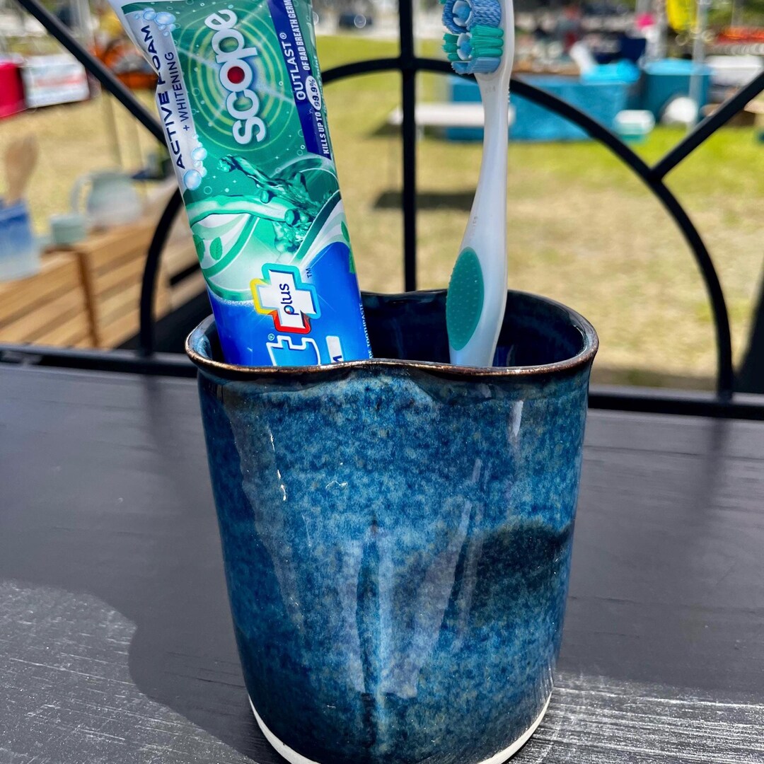 Handmade Stoneware Toothbrush Toothpaste Razor Holder Navy Blue Pottery ...