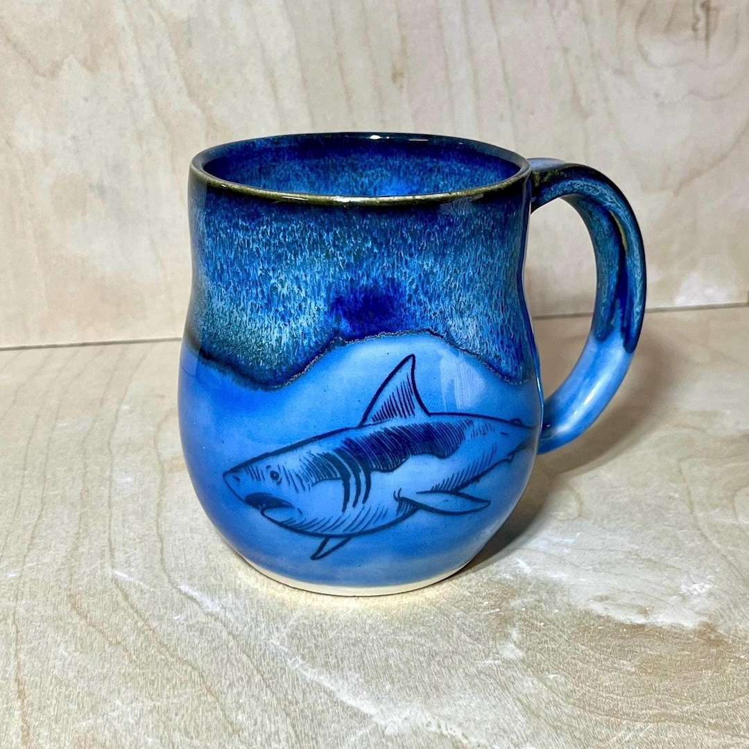 Shark Handmade Stoneware Mug Wheel Thrown Navy Blue Pottery Large ...