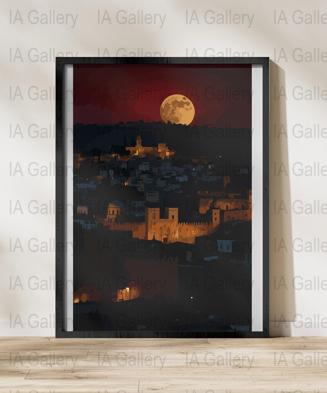 Full Moon Over Medieval Town Digital Print, Vibrant Wall Art for Home ...