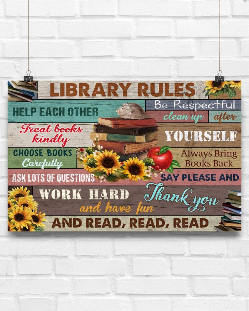 Library Rules Poster Book Shop Print Book Lovers Gift Reading Gift Art ...