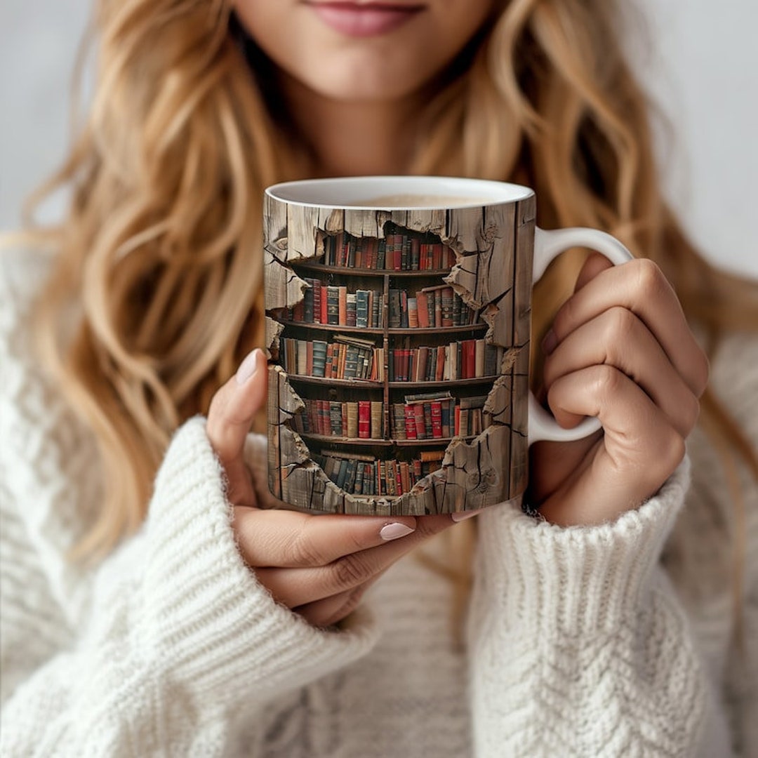 Vintage 3d Bookshelf Mug, Books Coffee Mugs, Library Gifts, Book ...