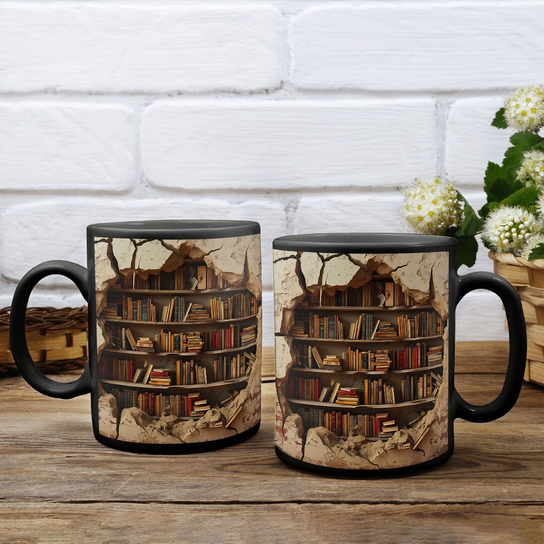 Vintage Bookshelf Wall 3d Mug, Bookshelf Mug, Books Coffee Mugs ...