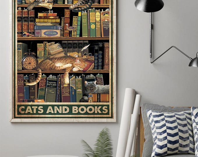 Book Lovers Print, Cosy Books Scene Print, Books and Cat Print, A4 ...