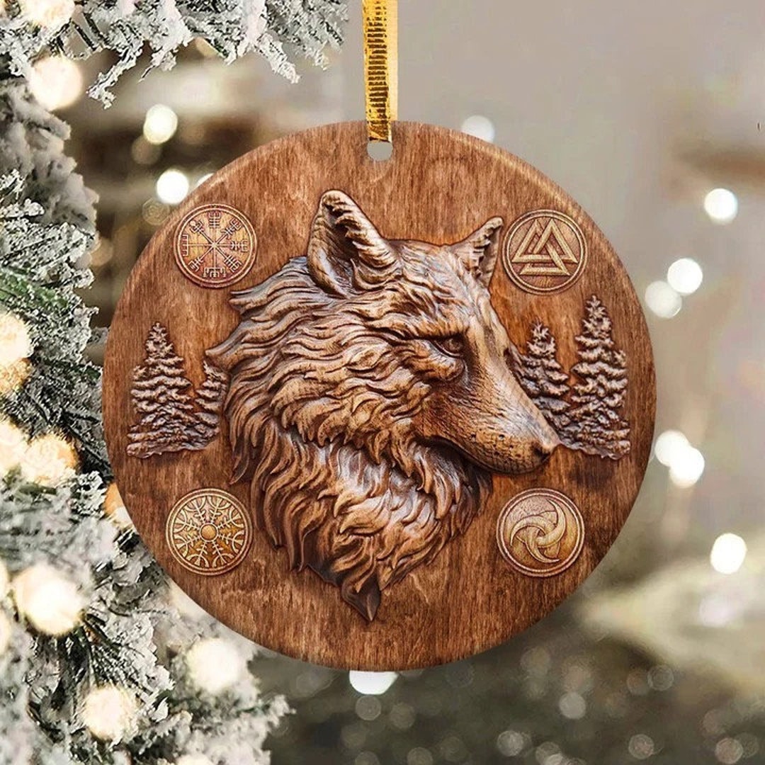 Wolf Viking Ceramic Circle Ornament, Wolf Christmas Tree Ornament ...