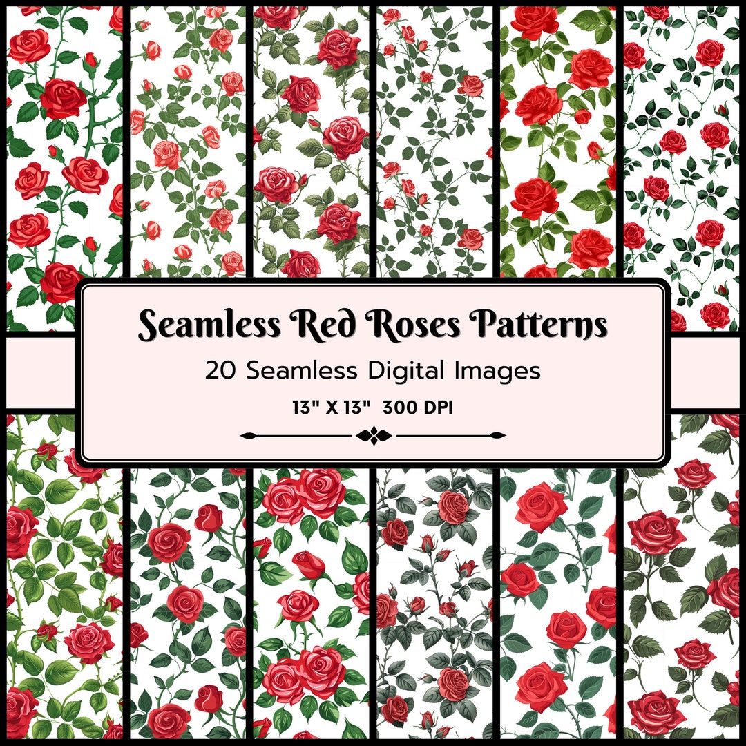 20 Seamless Red Roses, DIY Craft Patterns, Digital Rose Print, Seamless ...