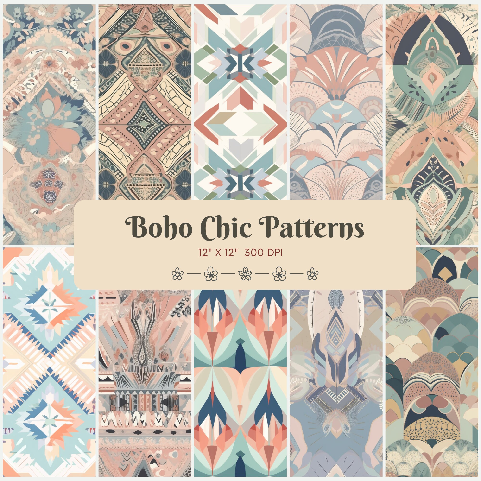 10 Seamless Boho Chic Patterns, Digital Papers, Seamless Pattern, Boho Prints, Backgrounds ...
