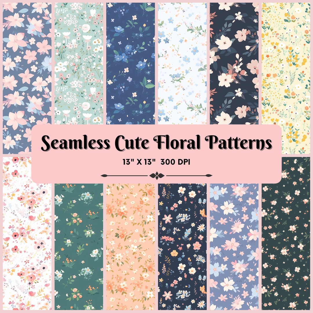 12 Seamless Cute Floral Patterns, Digital Papers, Festive Prints ...