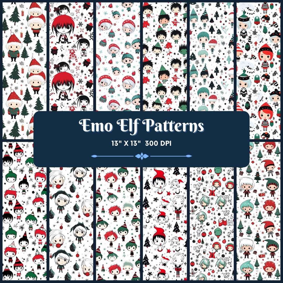 12 Seamless Emo Elf Patterns, Digital Products, Seasonal, Wallpaper Art ...
