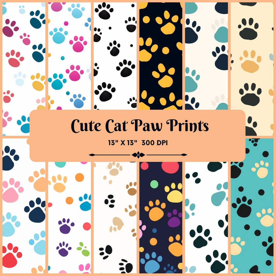 12 Seamless Cute Cat Paws Patterns, Cute Animal Paper, Paw Print ...