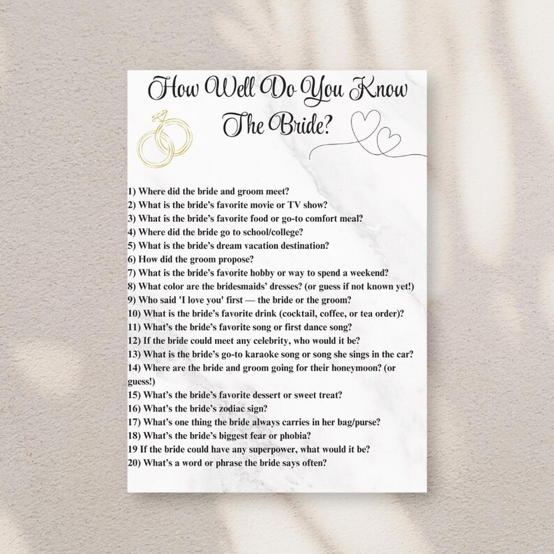 Bridal Shower Game, Get to Know the Bride - Etsy