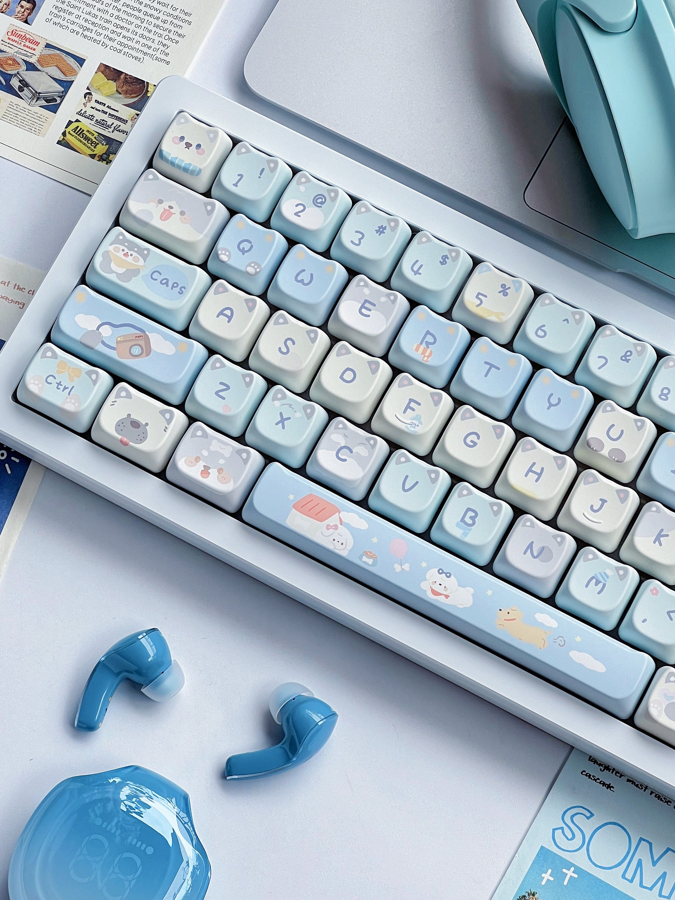 Kawaii Gaming Blue Pastel Puppies Themed Keycaps PBT 141 Set MAO ...