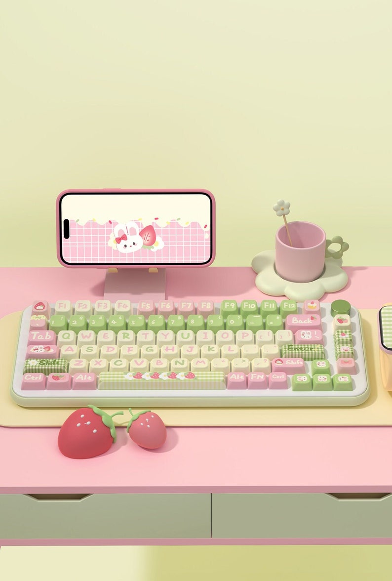 Kawaii Gaming Strawberry Milk Bunny Themed Keycaps PBT 158 Set MDA or ...