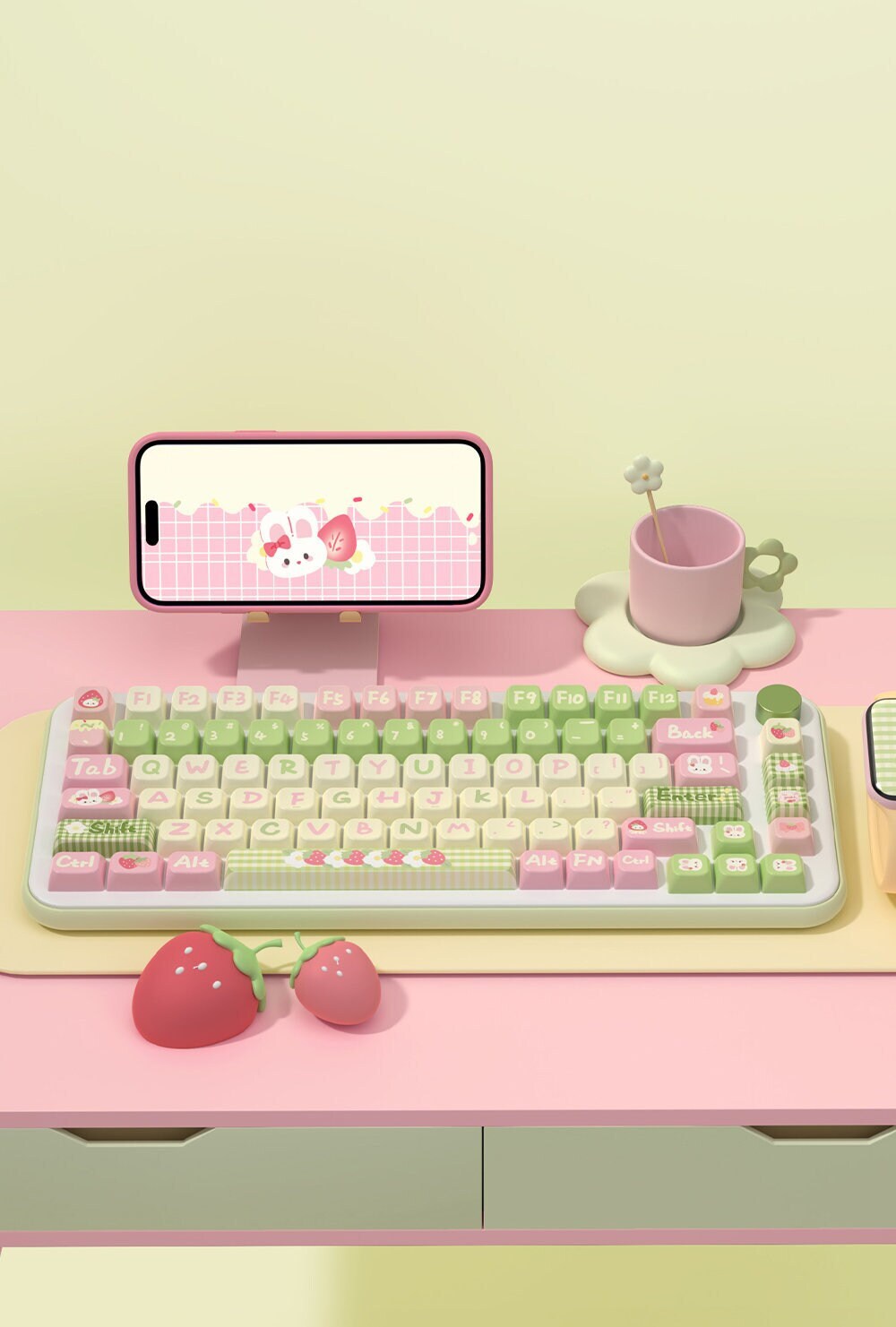 Kawaii Gaming Strawberry Milk Bunny Themed Keycaps PBT 158 Set MDA or ...