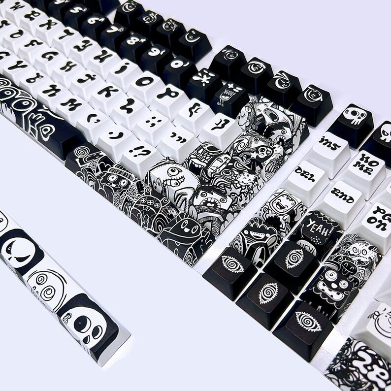Kawaii Gaming Comic Doodle Themed Black and White Keycaps PBT 131 Set ...
